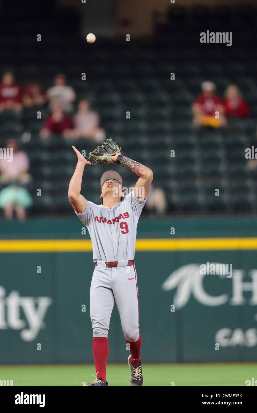 February 25, 2024: Wehiwa Aloy #9 Razorback infielder settles under a ...