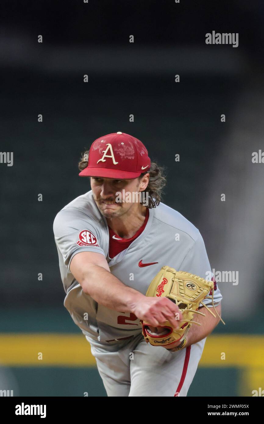 February 25, 2024: Arkansas relief pitcher Koty Frank #28 follows ...