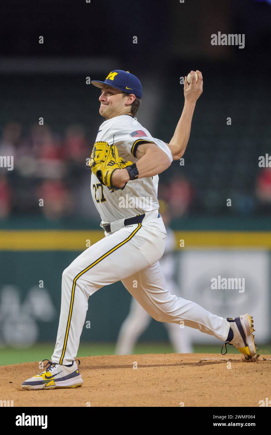 February 25, 2024: Dylan Vigue #27 Michigan pitcher works on the mound ...