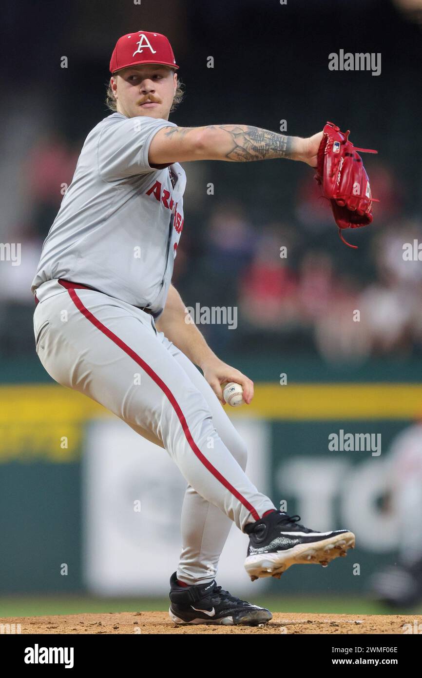 February 25, 2024: Hogs pitcher Mason Molina #21 begins his wind up on ...