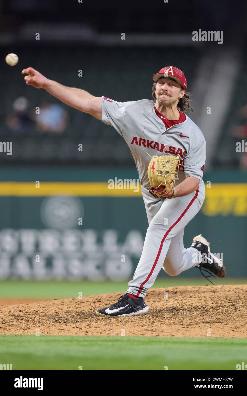 February 25, 2024: Razorback pitcher Koty Frank #28 releases a ball ...