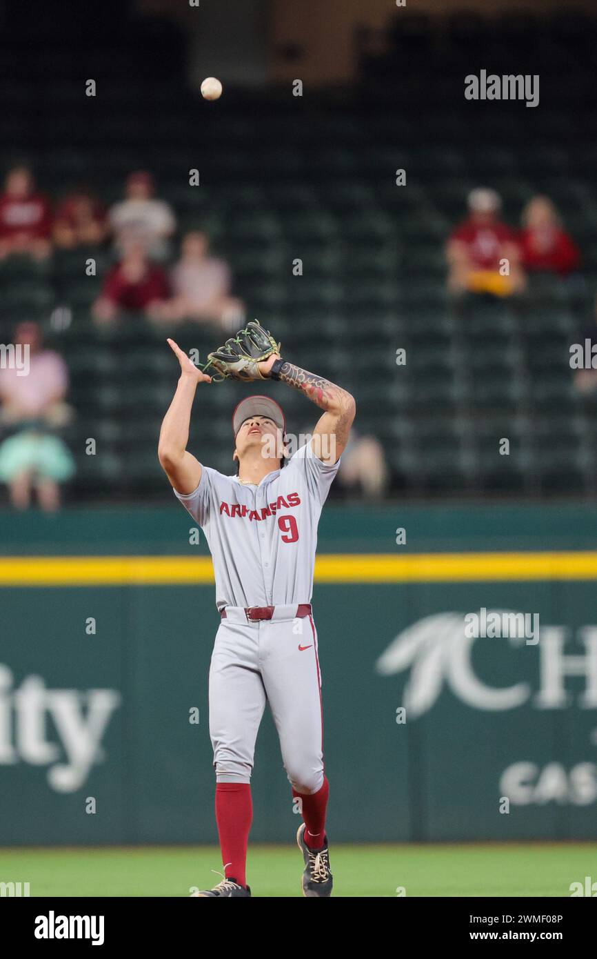 February 25, 2024: Wehiwa Aloy #9 Razorback infielder settles under a ...
