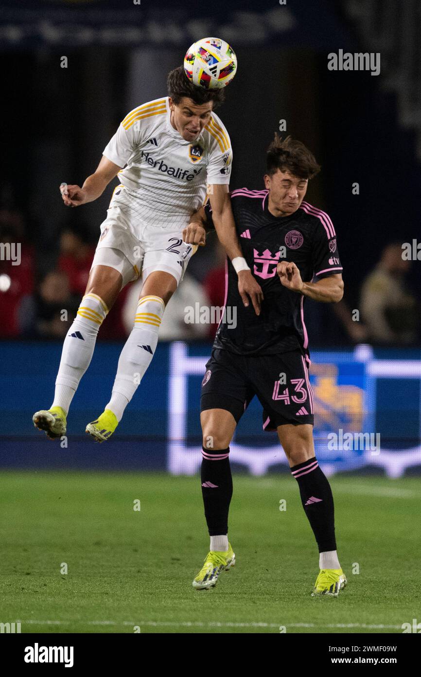 Los Angeles Galaxy forward Miguel Berry (27) wins a header over Inter ...