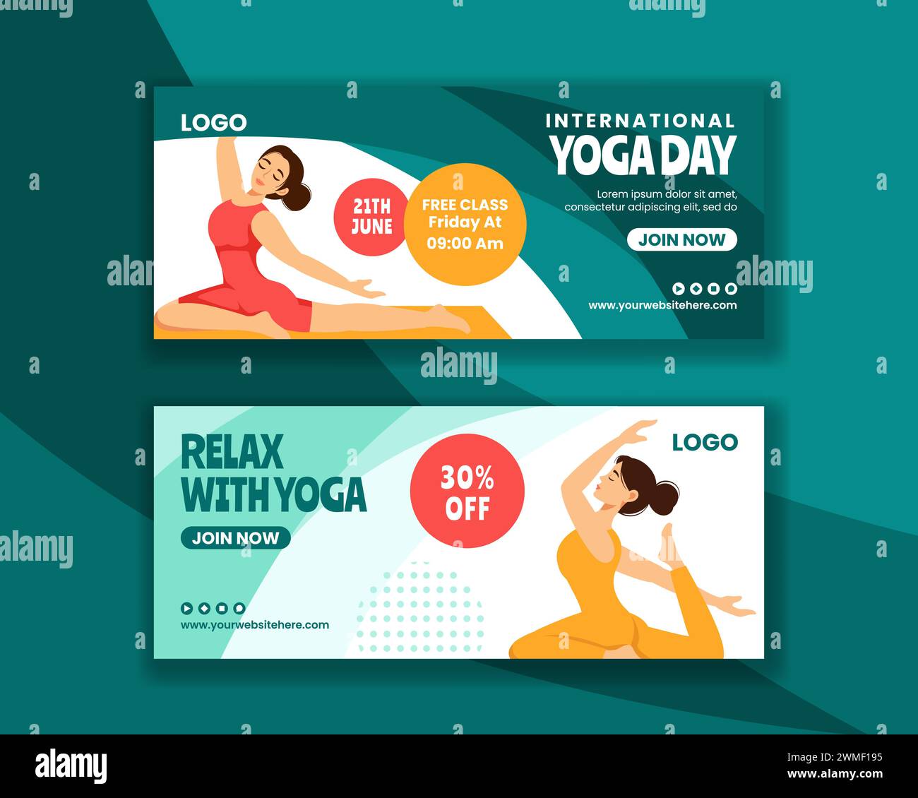 Yoga Day Horizontal Banner Flat Cartoon Hand Drawn Templates Background ...