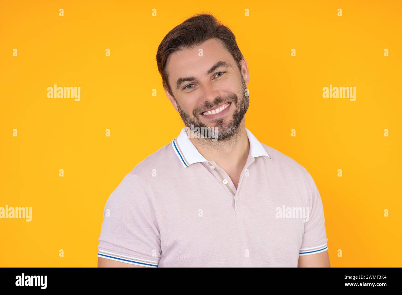 Smiling male model isolated on yellow. Positive man in good mood ...