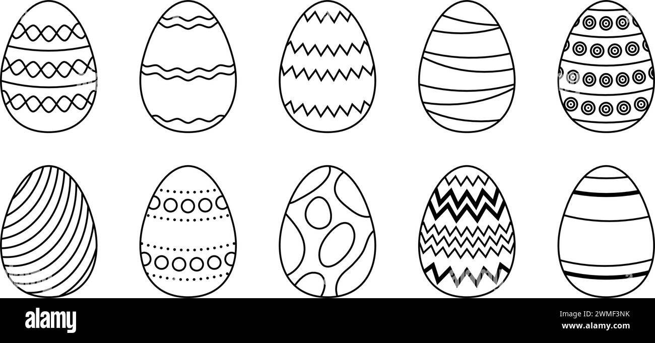 Black and white Easter eggs collection. Spring linear egg icon set with ...