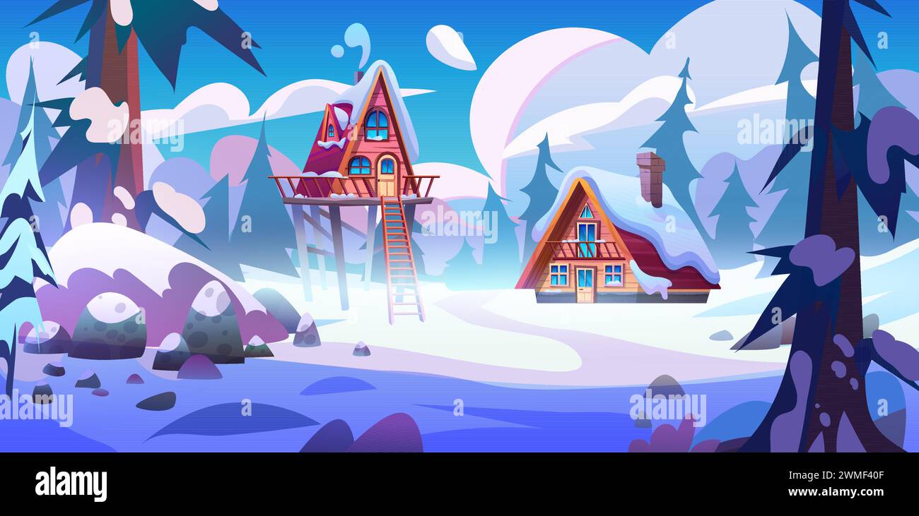 Wooden cabins standing in frozen forest covered with snow. Cartoon ...