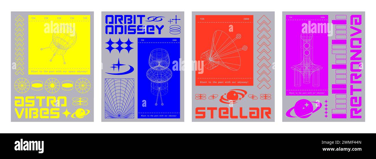 Space exploration poster design template in trendy y2k style with 3d ...