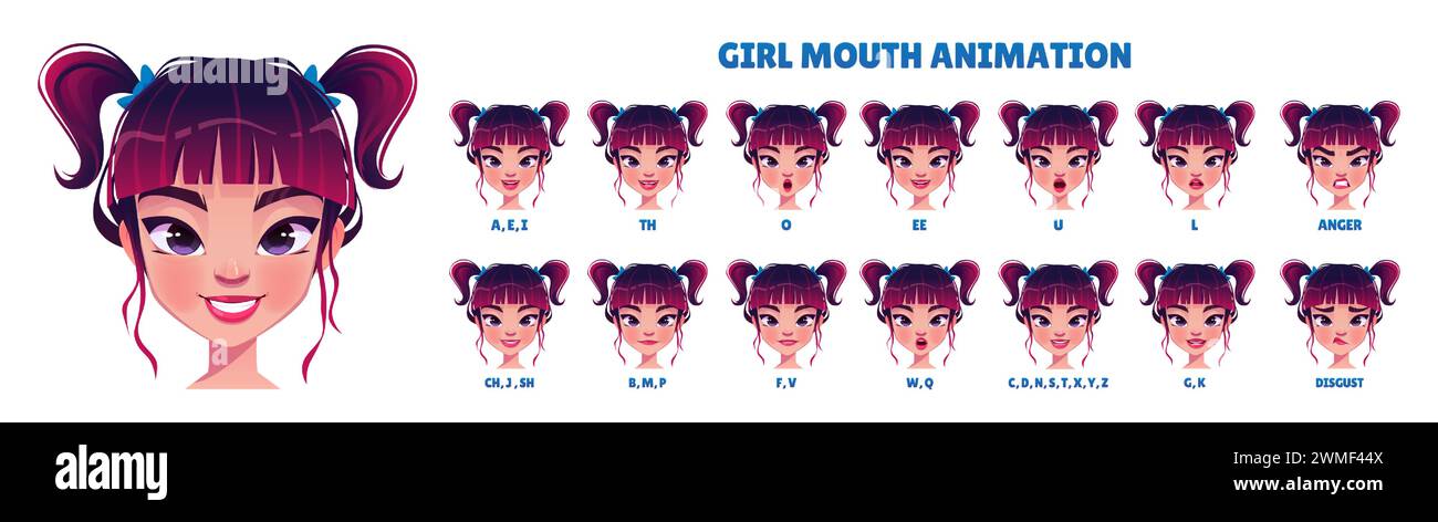 Girl mouth animation set isolated on white background. Vector cartoon ...