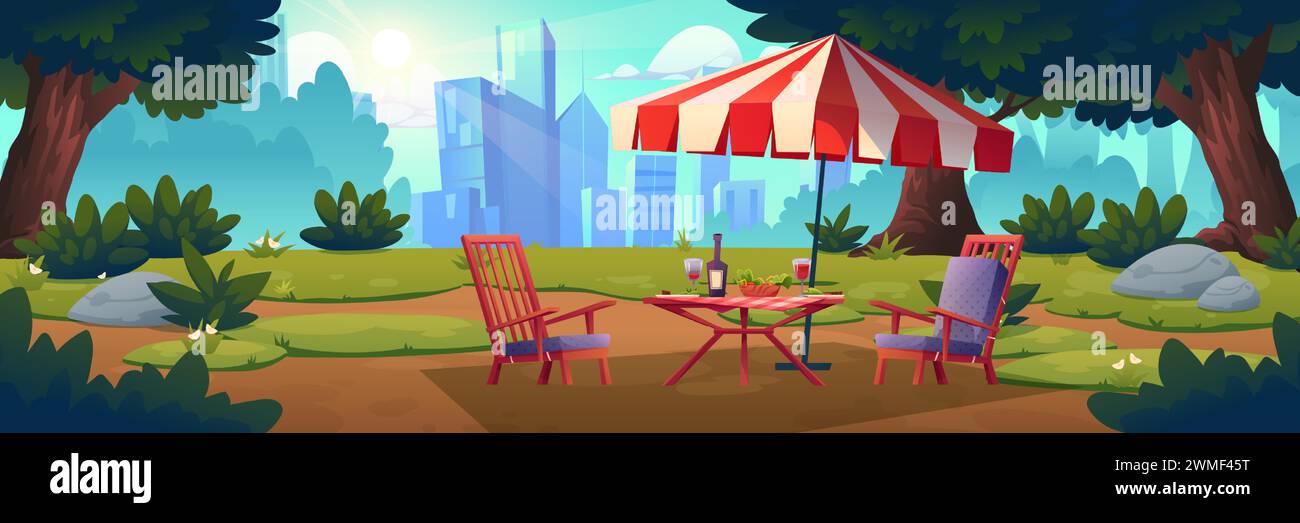 Picnic in city park. Vector cartoon illustration of wooden table and ...