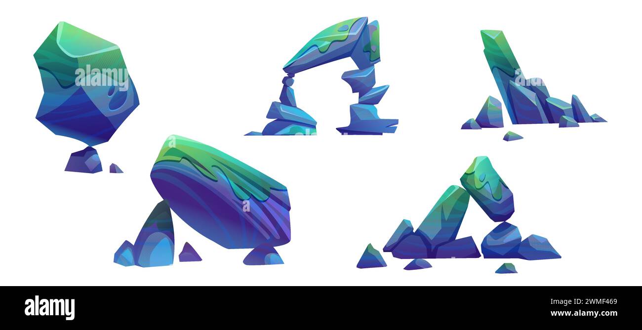 Blue big alien planet or desert night stone with moss. Cartoon vector ...