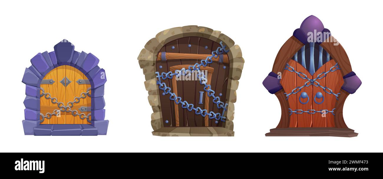 Medieval castle or dungeon wooden door closed with metallic chain ...