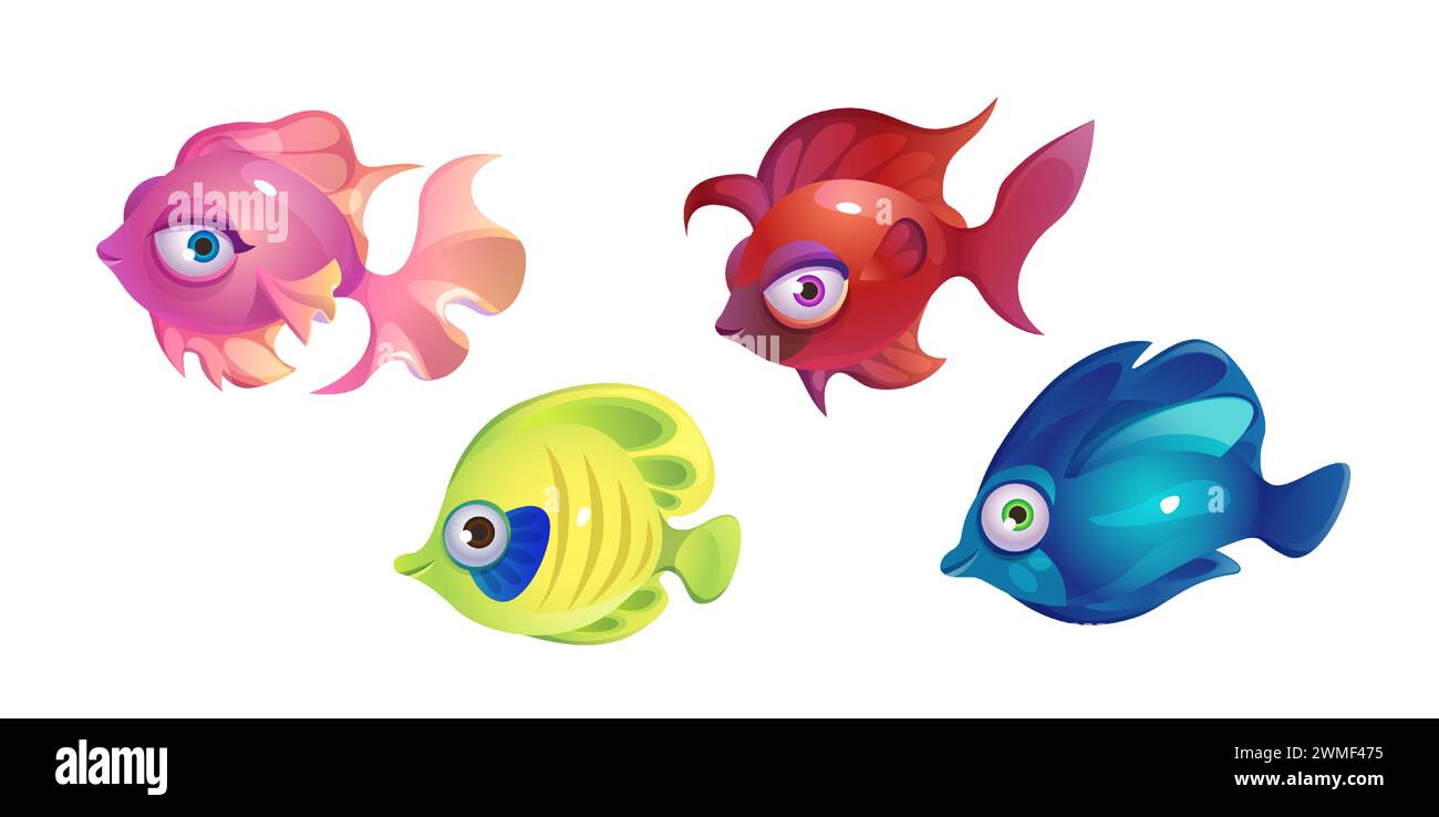 Cute cartoon fish with fin and smiling lips. Vector illustration set of ...