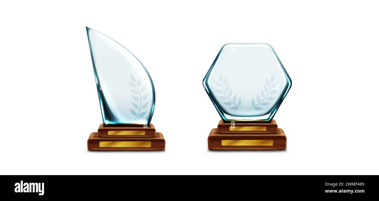Glass trophy with laurel on wood stand with golden plate. Realistic ...