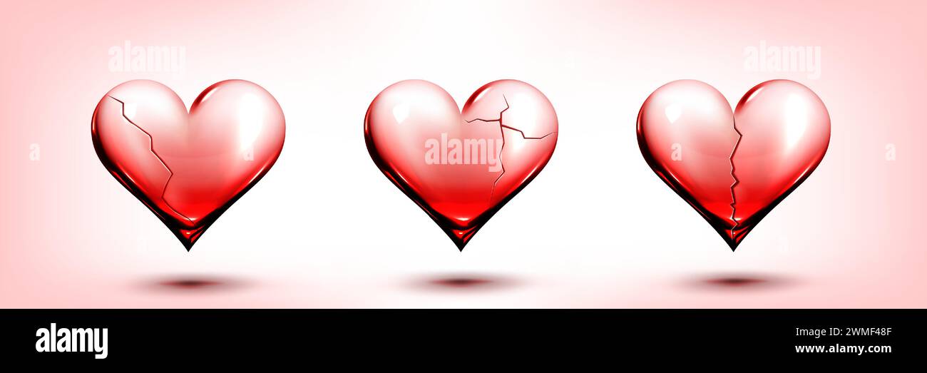 3d glass heart with cracks floating in air. Realistic vector ...