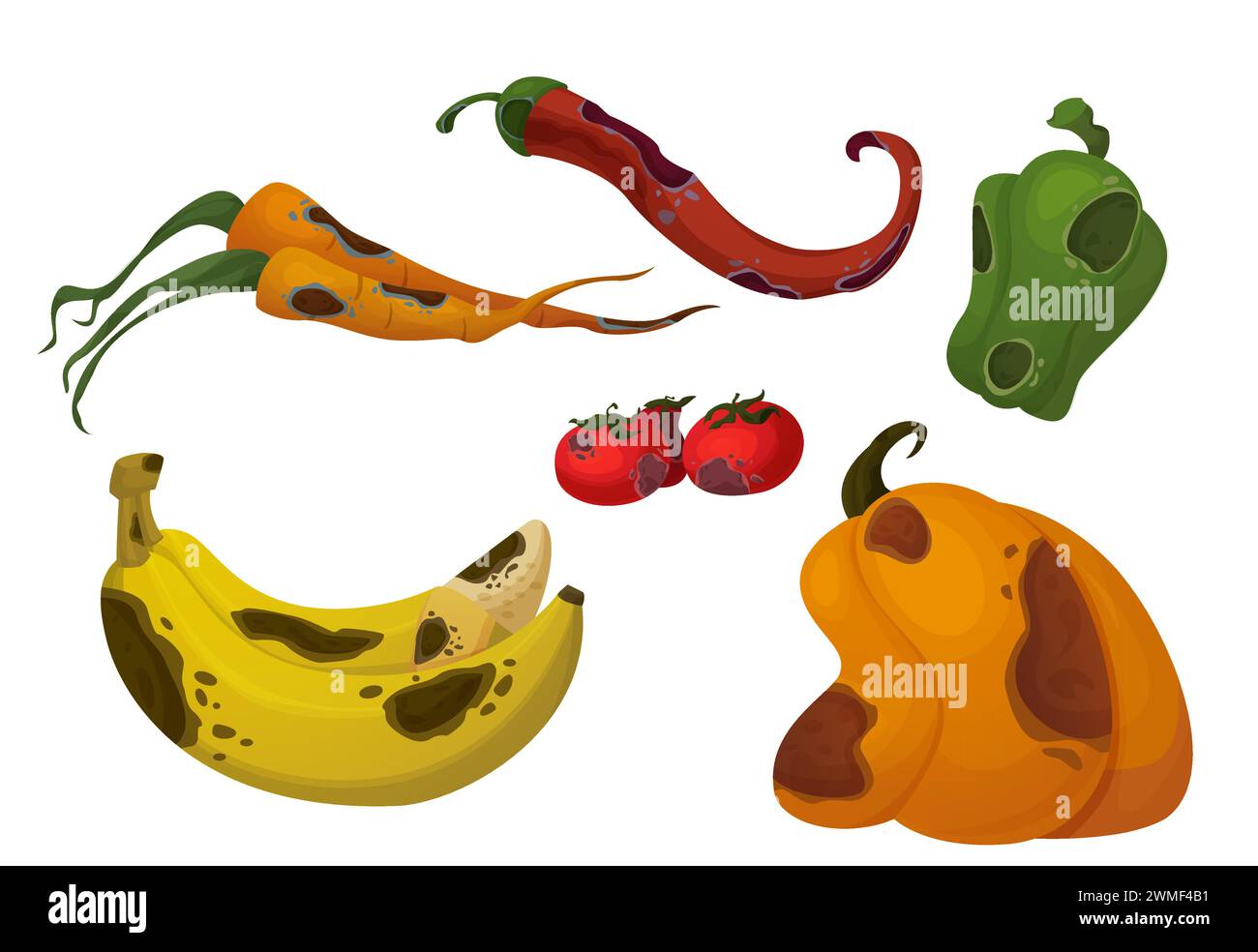 Rotten food with rot and mold. Cartoon vector illustration set of dirty ...