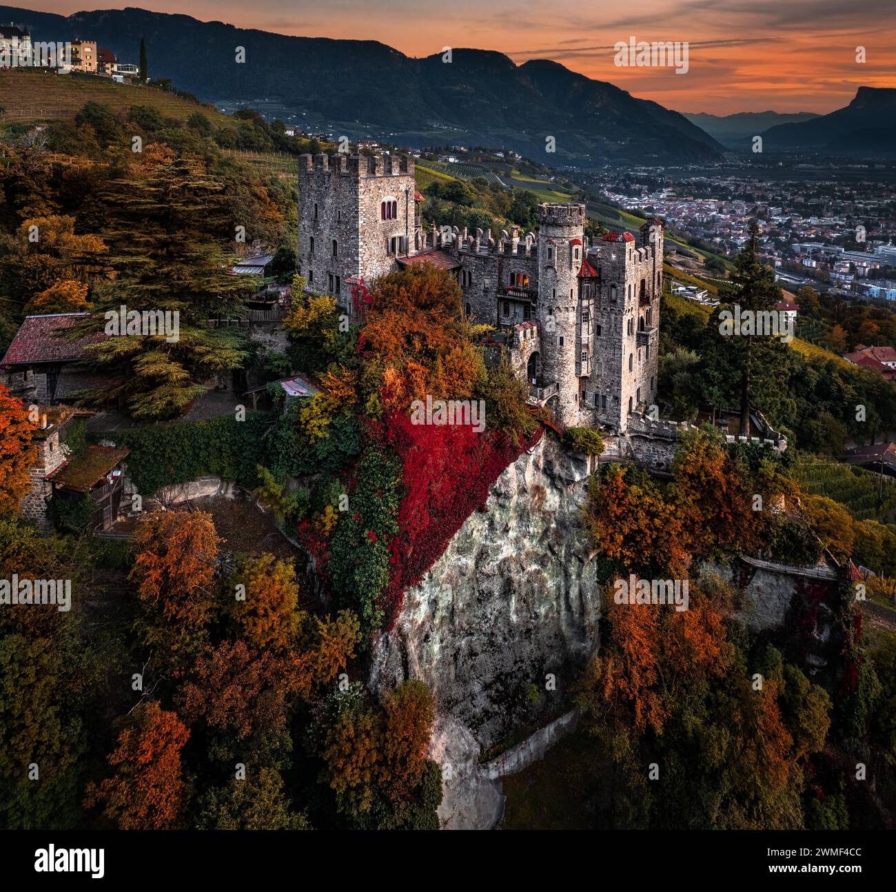 Merano, Italy - Aerial panoramic view of the famous Castle Brunnenburg ...