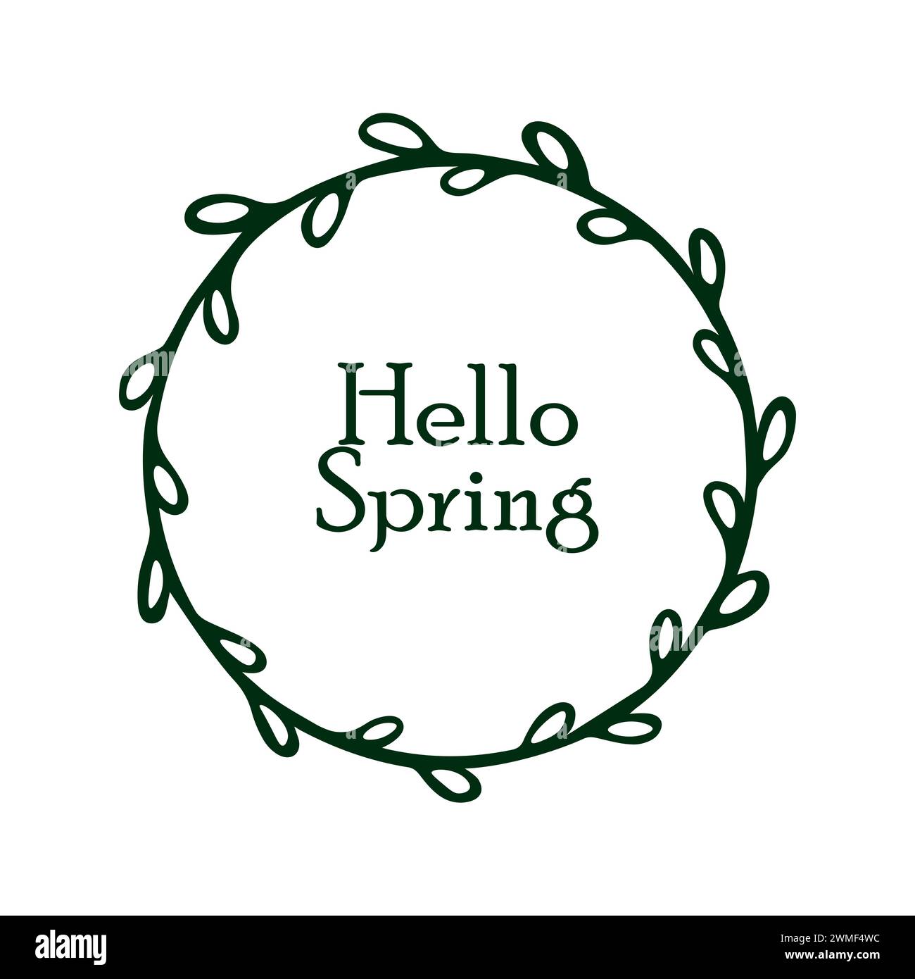 The inscription hello spring in round floral frame on white background ...