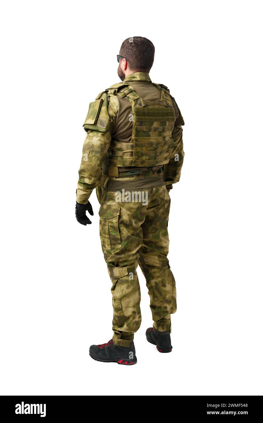 Back view of male soldier in military uniform isolated on white ...