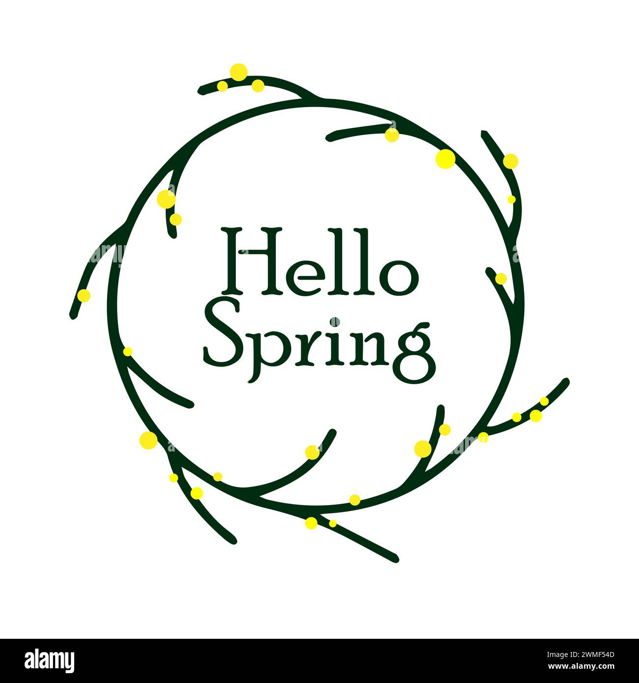 Hello spring in round floral frame on white background for spring ...