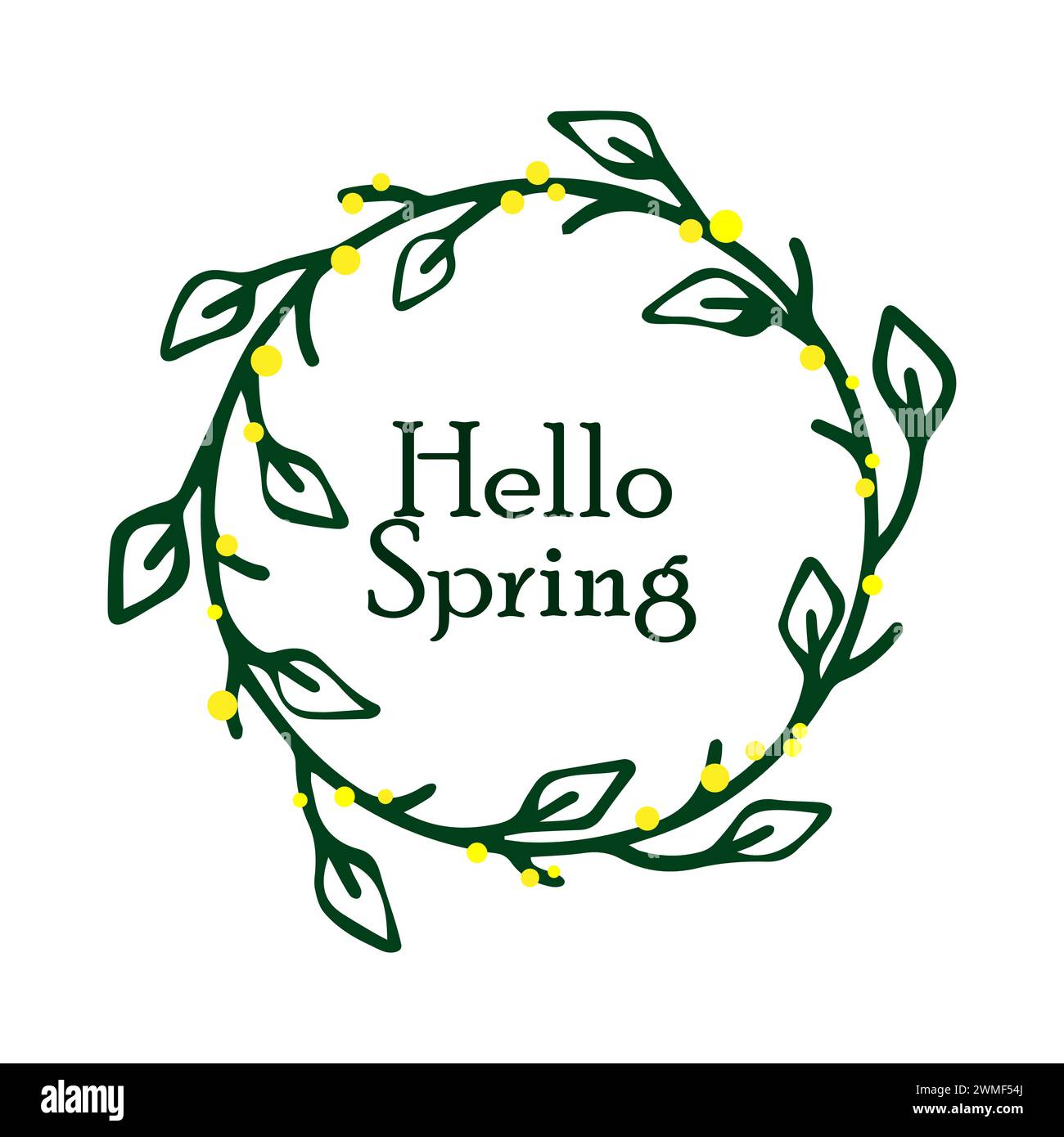 Hello spring in round floral frame on white background for spring ...