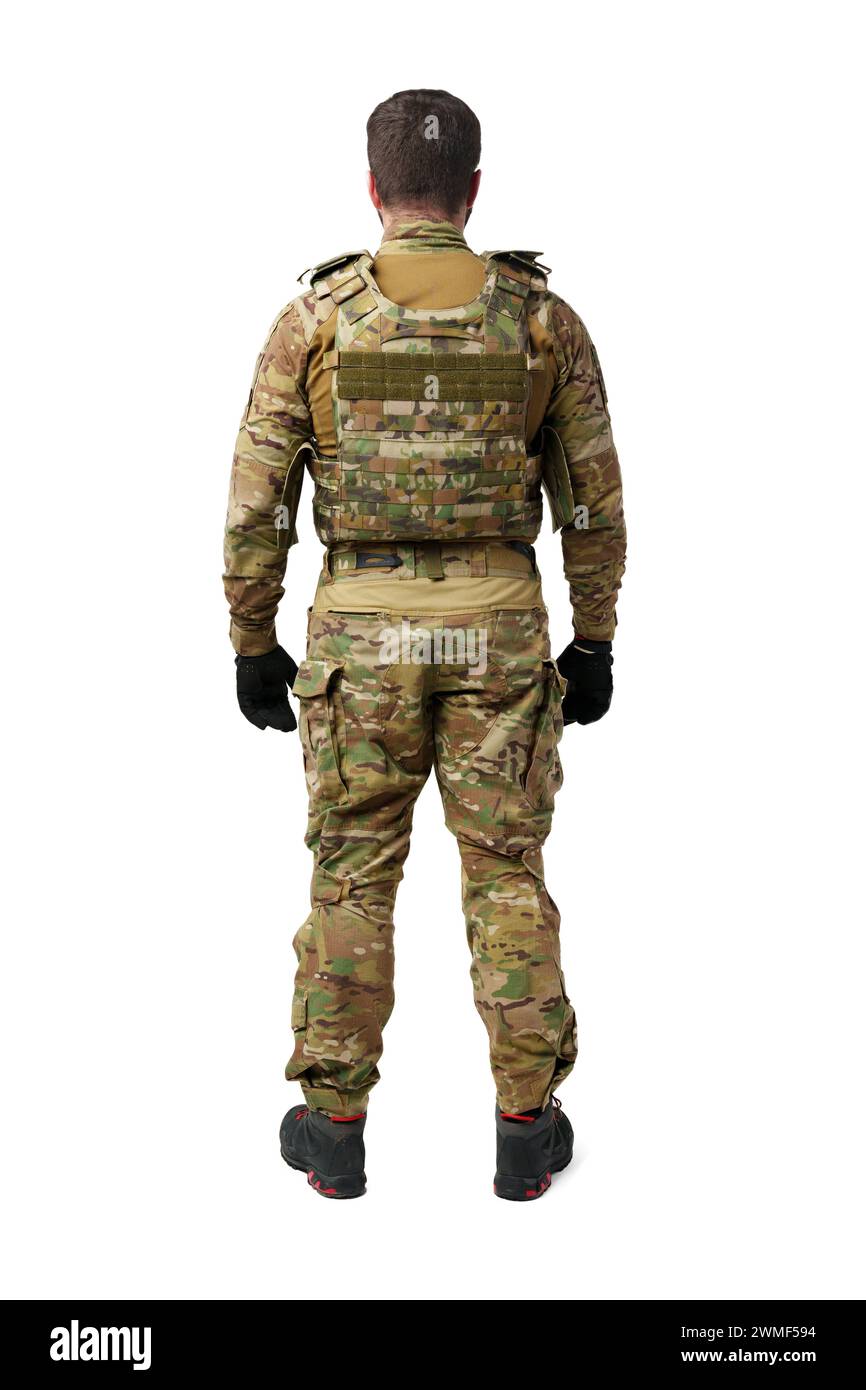 Back view of male soldier in military uniform isolated on white ...