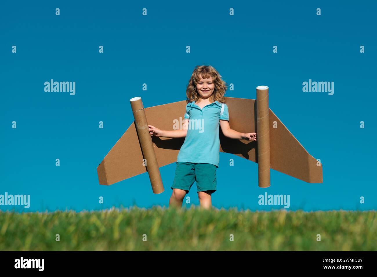 Freedom carefree and kids dream. Child dreams of future. Kid pilot ...