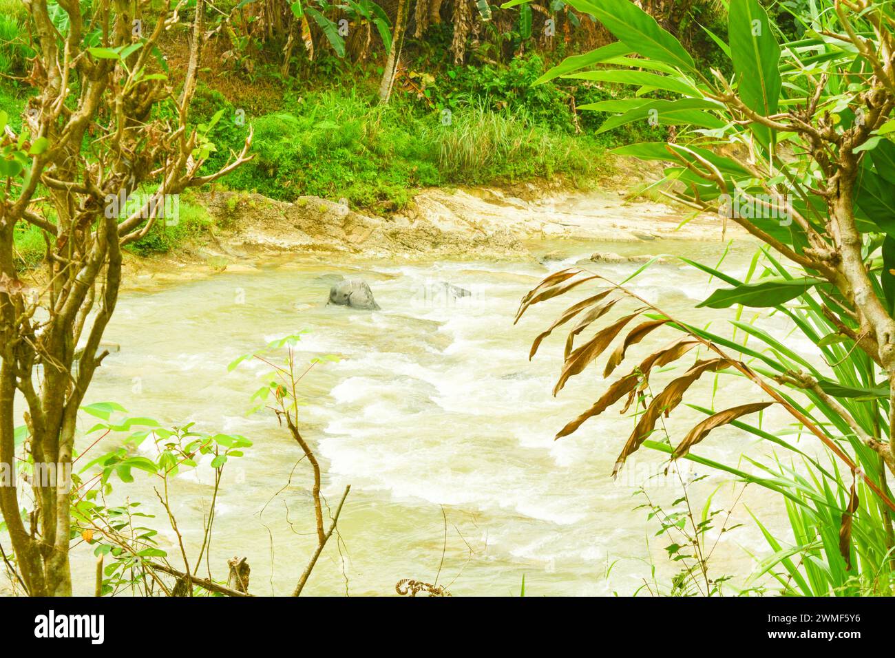 A fast-flowing stream and dramatic lenticular clouds against a dark sky ...
