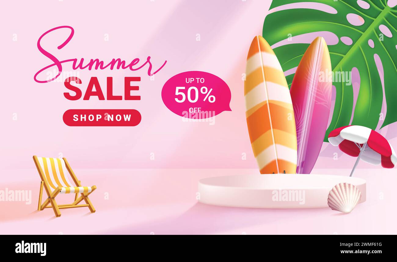 Summer sale text vector banner design. Summer podium stage with ...