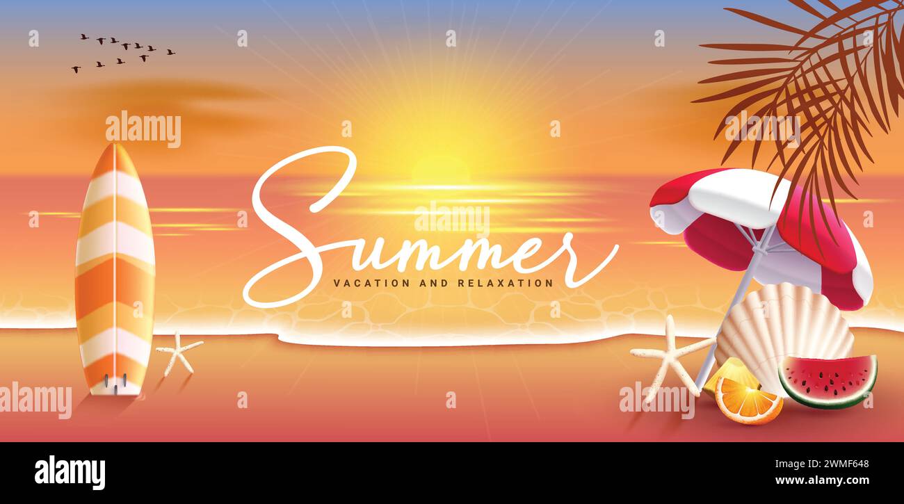 Summer beach sunset vector banner. Summer text in sunset seascape ...