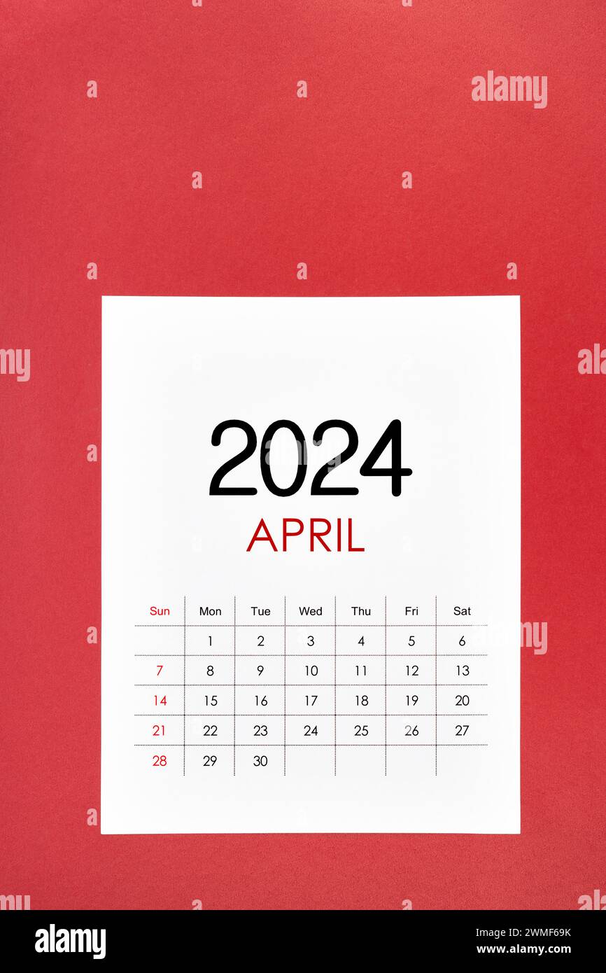 April 2024 calendar page on red color background Stock Photo - Alamy