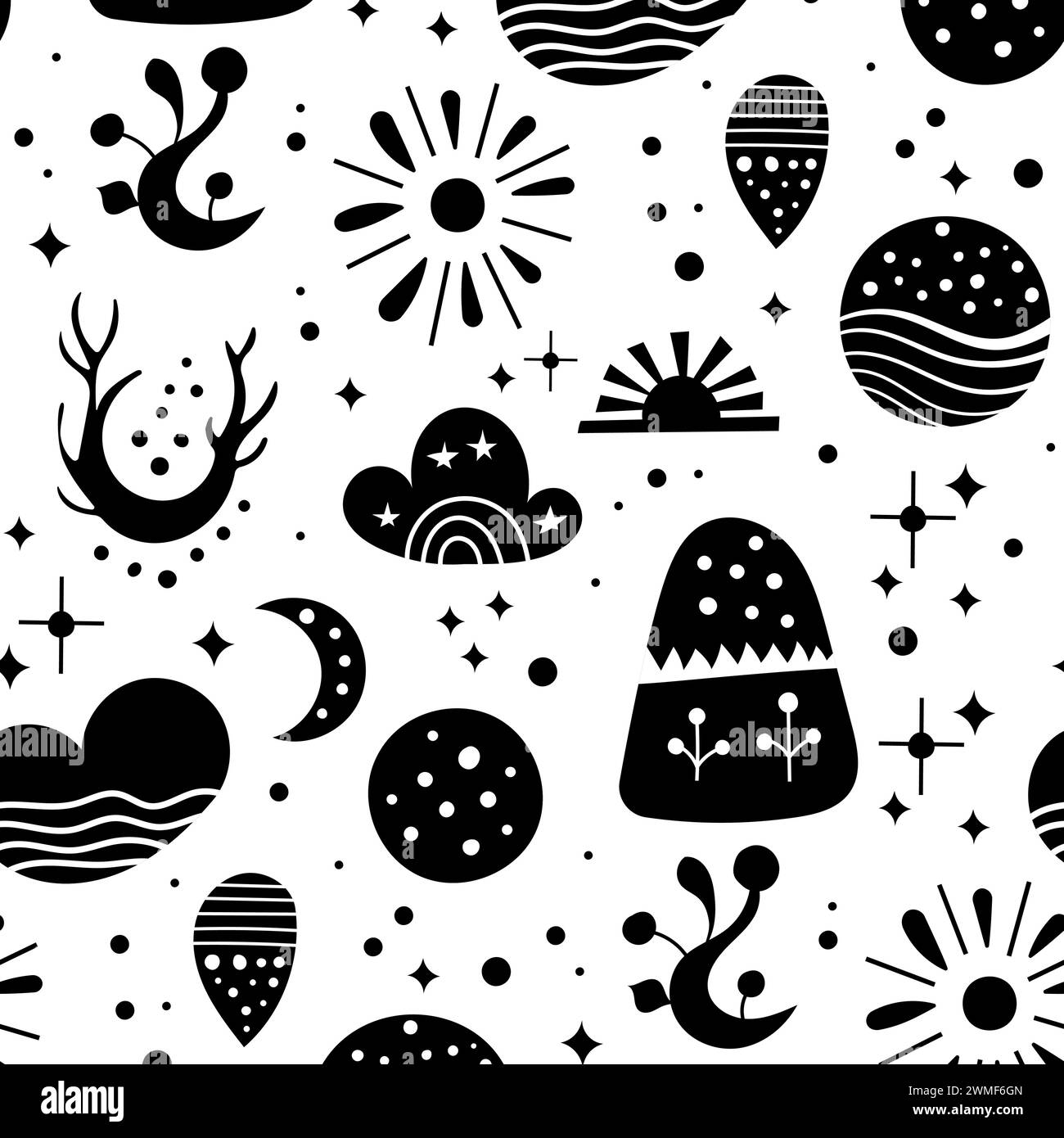 Seamless neo folk art vector pattern with mountains, moon and flowers ...