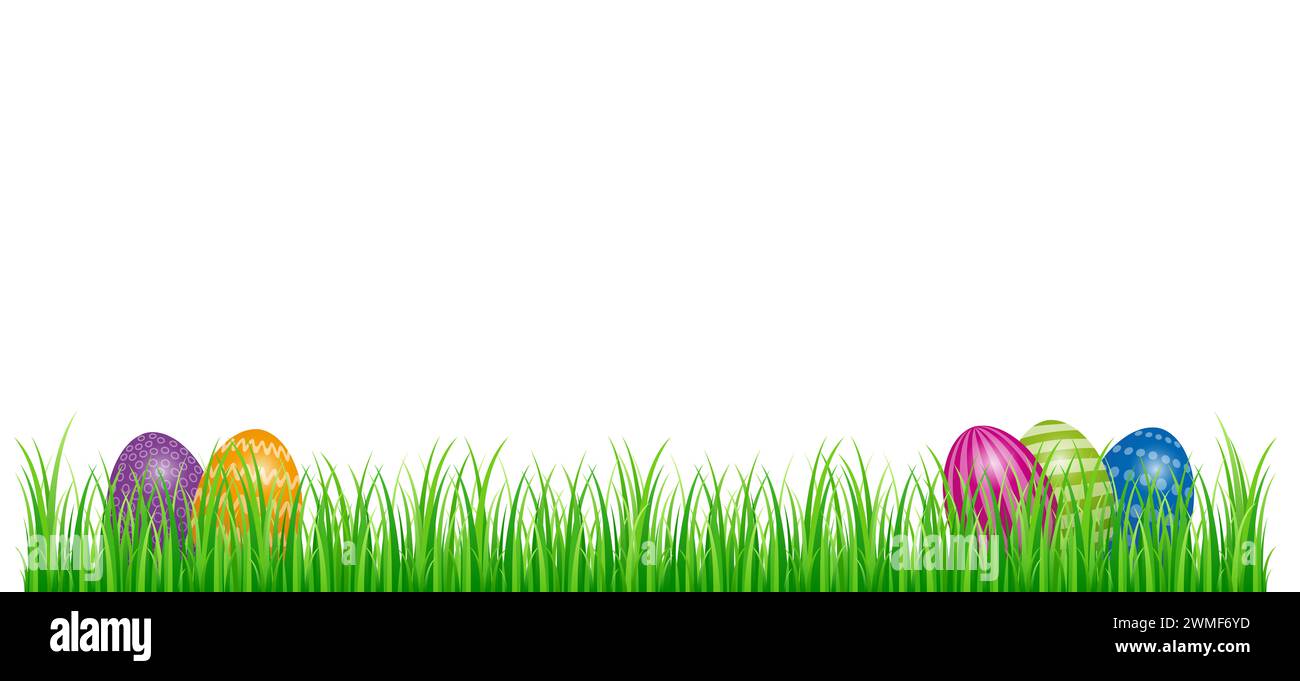 Easter eggs hidden in green grass. Colored Paschal eggs, arranged in a ...