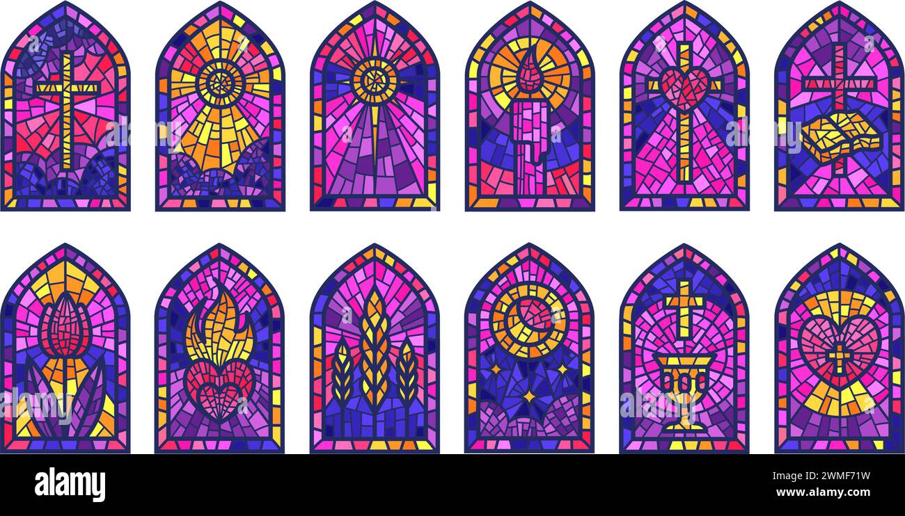 Church glass windows. Stained mosaic catholic frames with cross, book ...