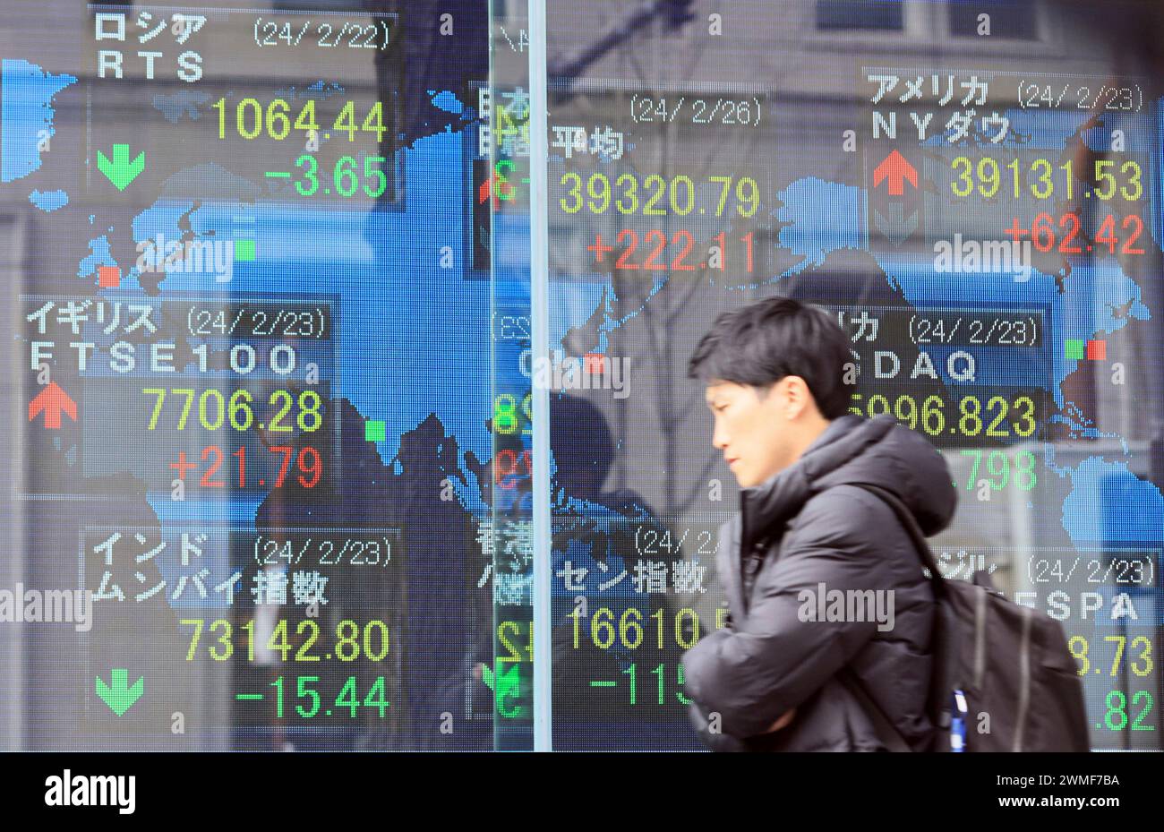 A monitor shows the Nikkei Stock Average in Osaka on Feb. 26, 2024 ...