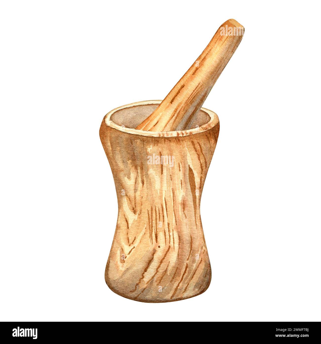 Watercolor illustration of wooden mortar with pestle for medicinal ...