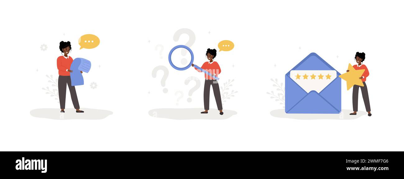 Customer support. African female characters ask questions, read guides ...