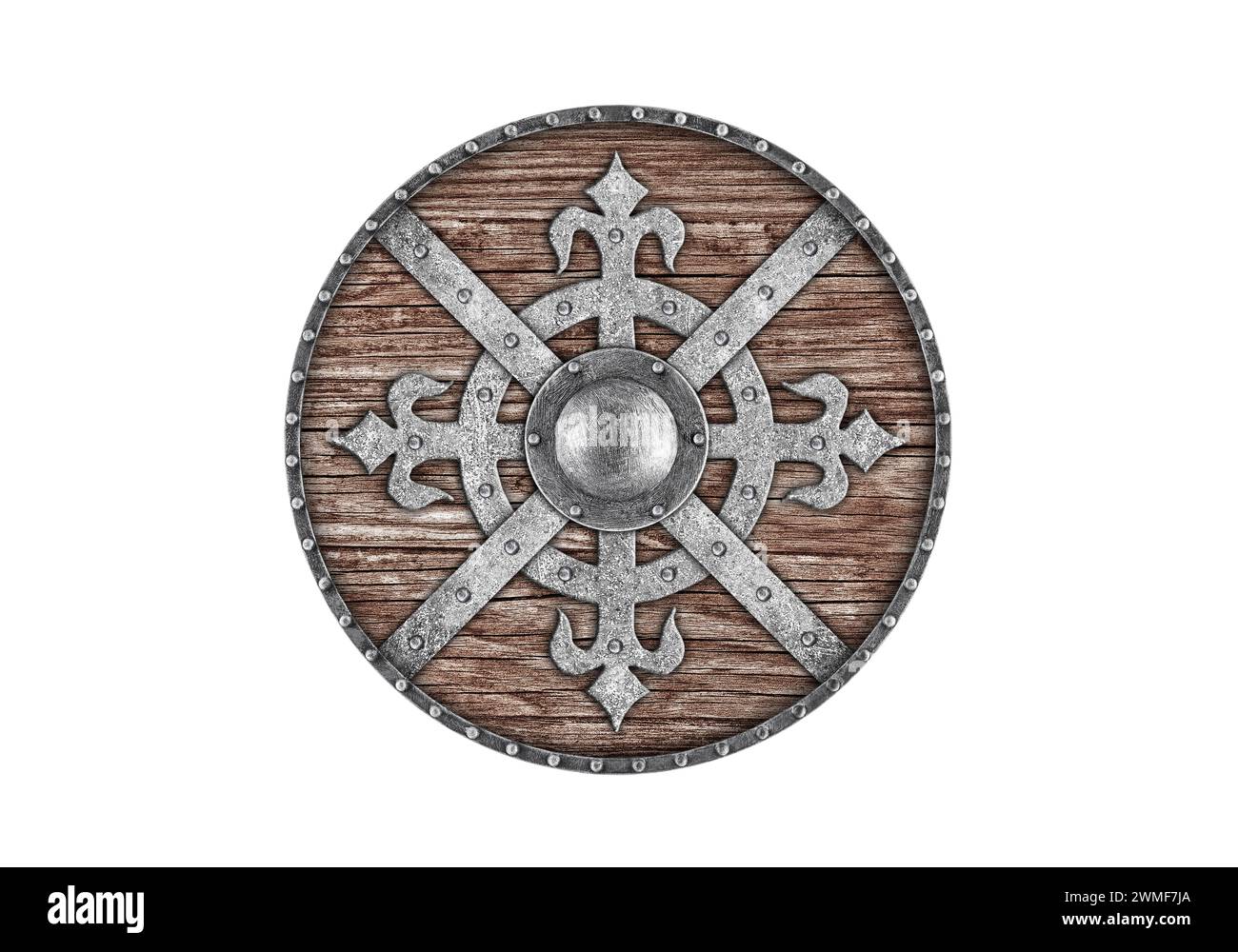 Old decorated wooden round shield isolated on white background Stock ...