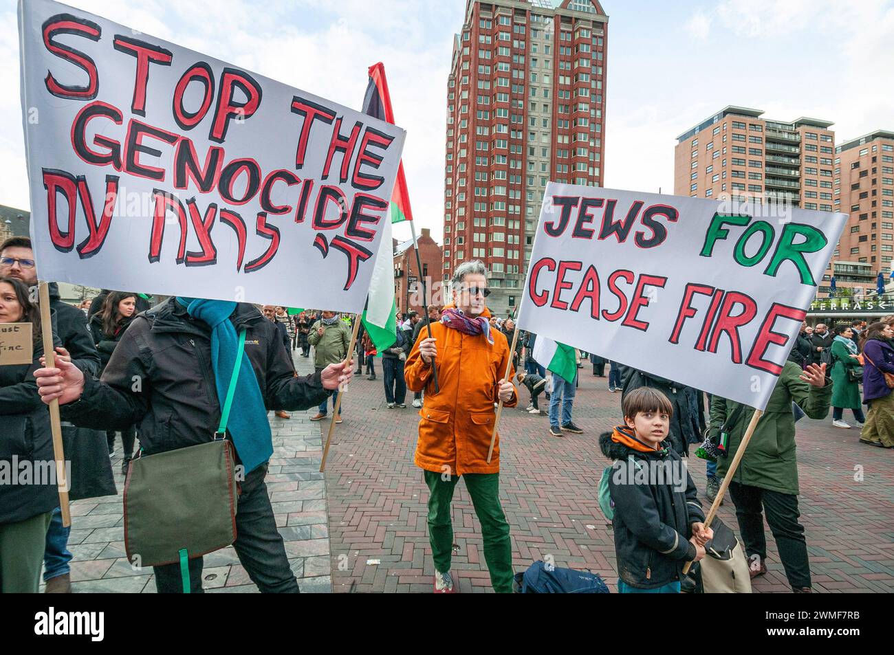 Demonstrators hold banners during the Open Off Rafah protest. HANDS OFF ...