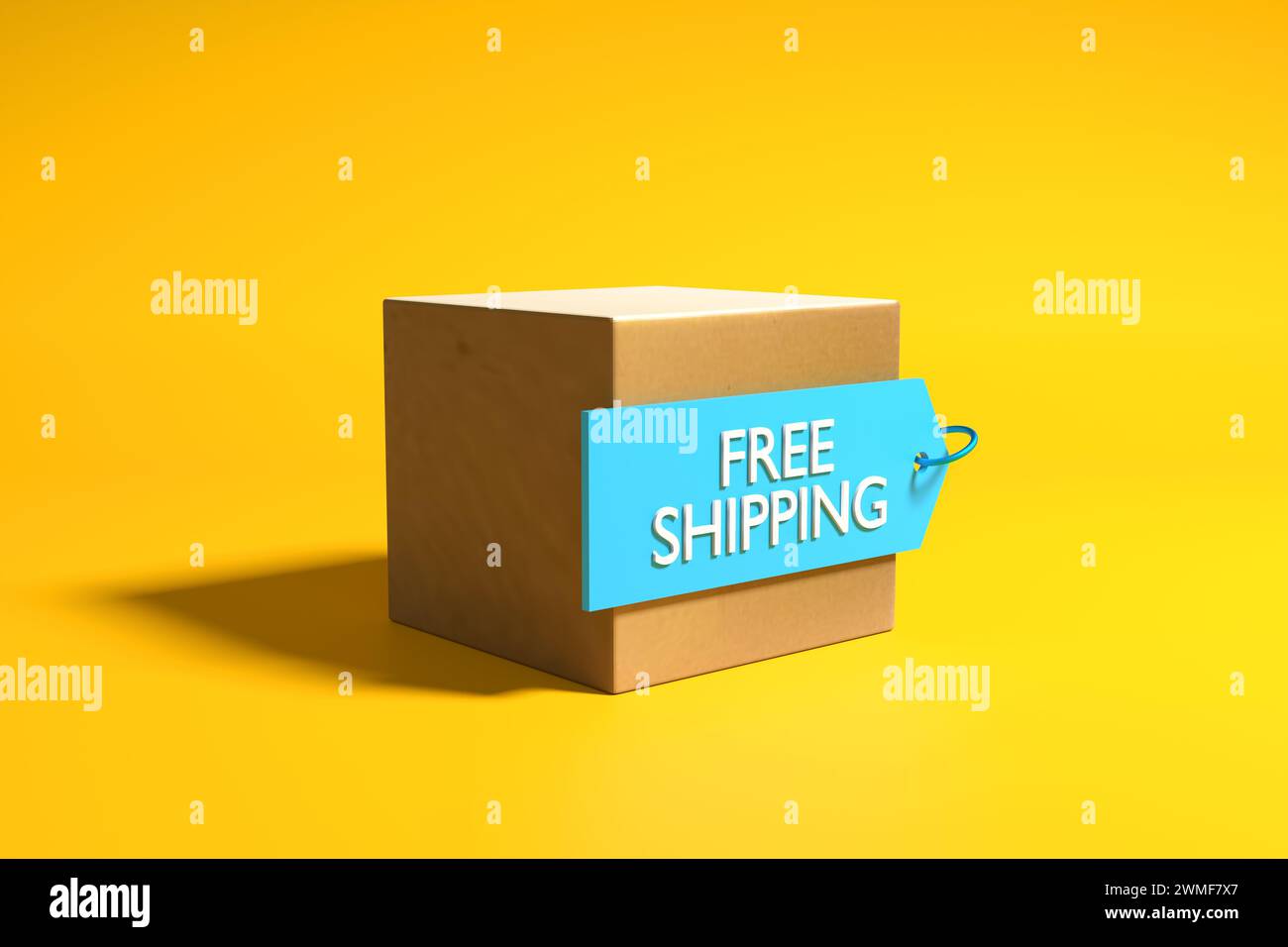 Cardboard cargo box with free shipping label on yellow background. Free ...