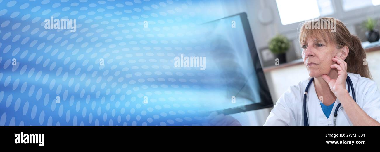 Female doctor looking at x-ray in medical office; panoramic banner ...