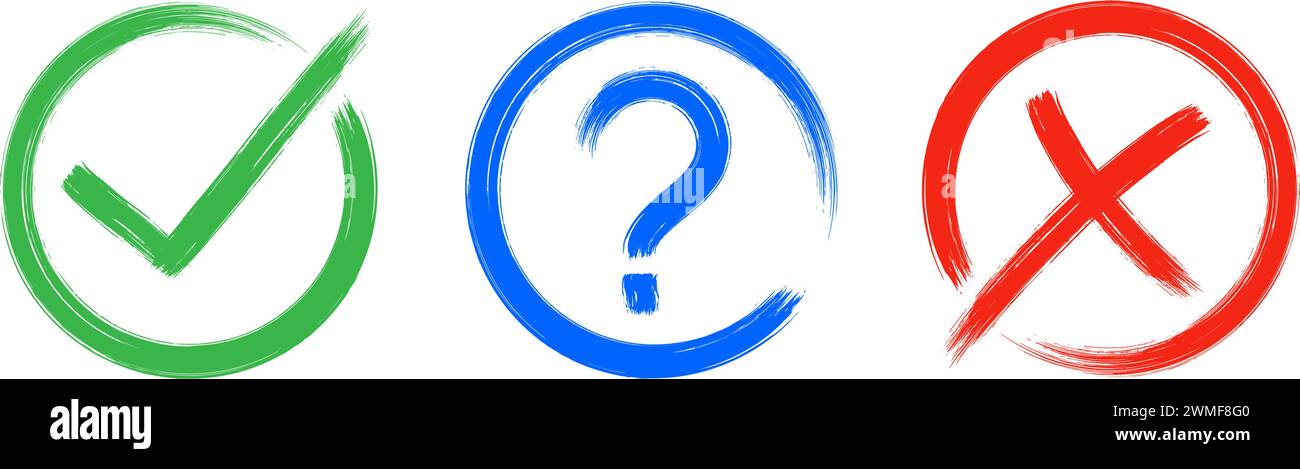 Dirty grunge cross x, tick OK and question check marks in check boxes ...