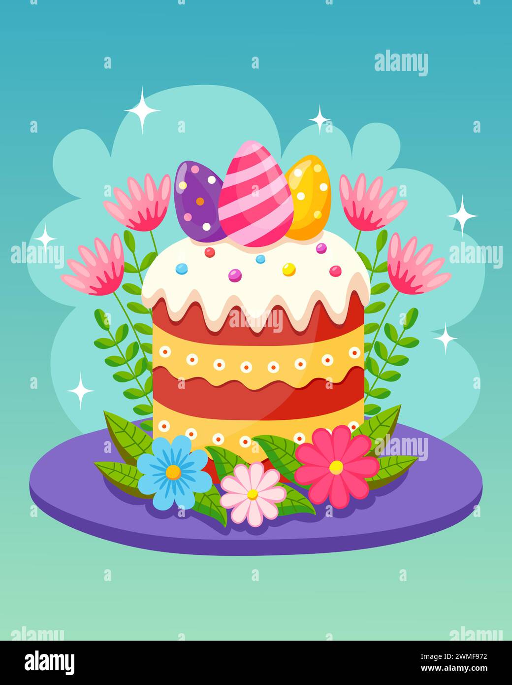 Easter cake decorated with painted eggs and flowers. Christian symbol ...