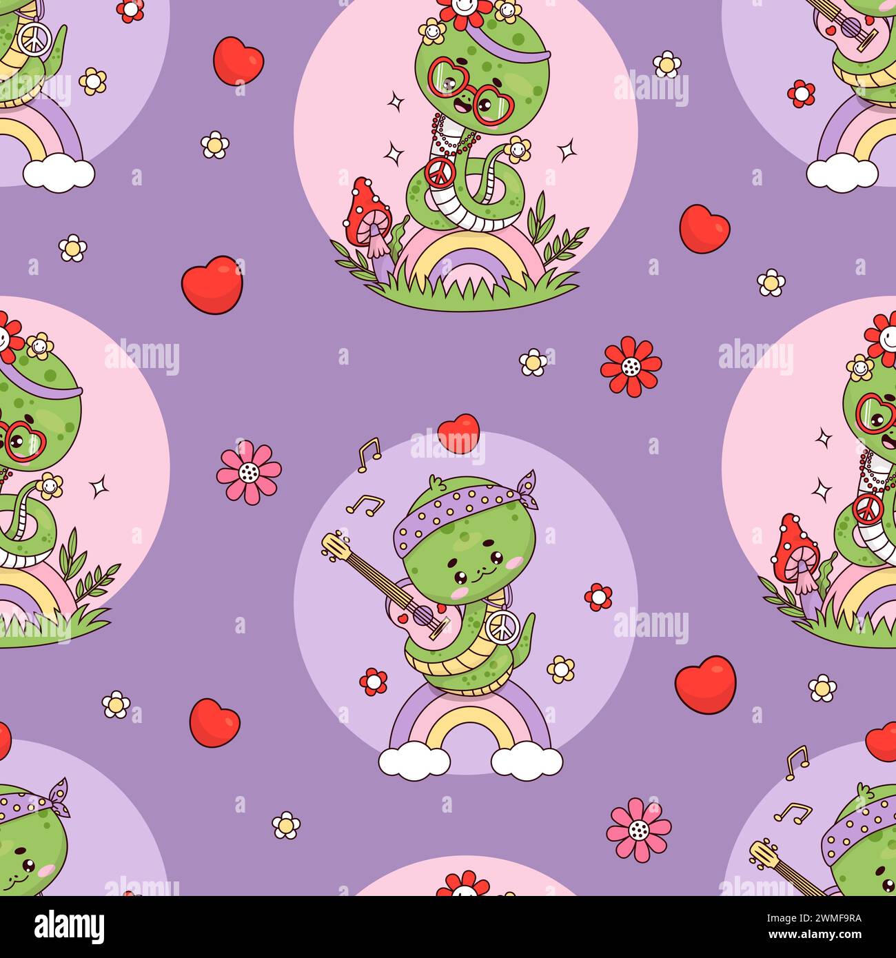 Seamless pattern with groovy hippy snake. Cute reptile girl and boy on ...