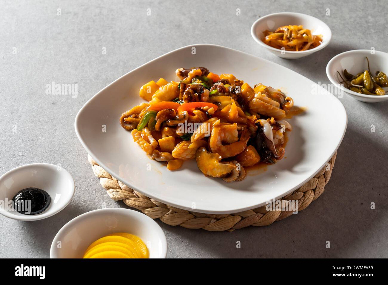 Sweet and sour pork Korean food dish Rice with Stir-fried Glass Noodles ...