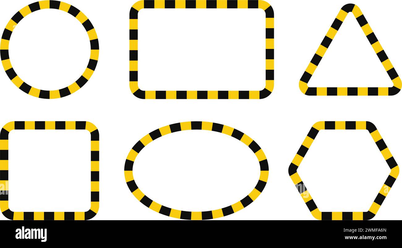 Warning frame with yellow and black tape. Barricade lines. Circle, oval and rectangle warn frame ...