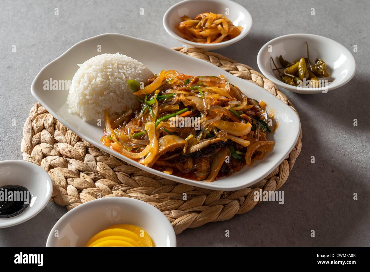 Sweet and sour pork Korean food dish Rice with Stir-fried Glass Noodles ...