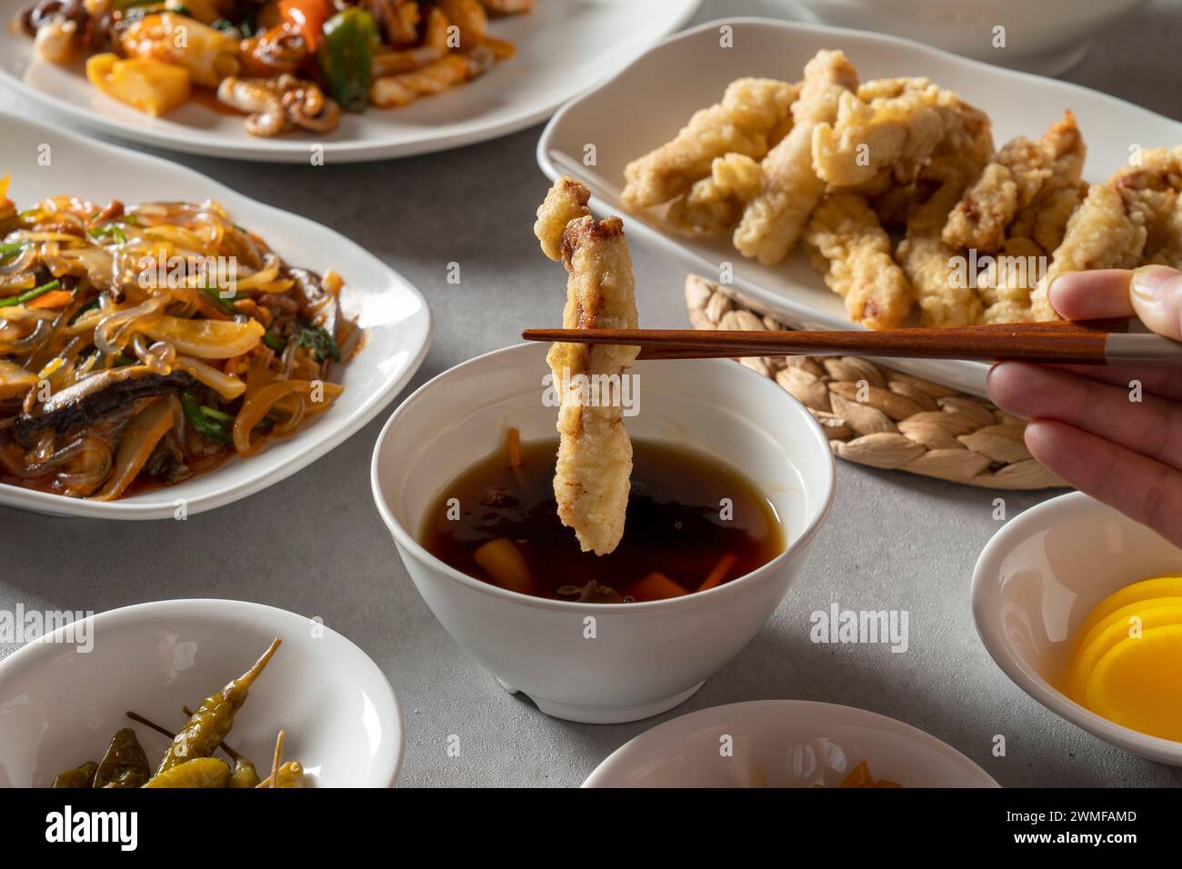 Sweet and sour pork Korean food dish Rice with Stir-fried Glass Noodles ...