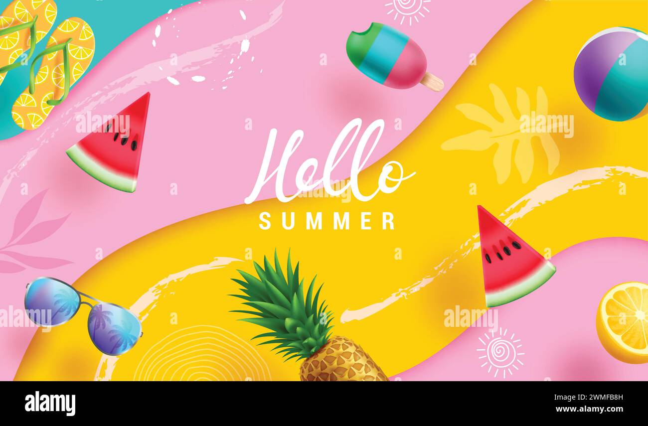 Hello summer greeting vector background design. Summer hello greeting text with watermelon ...