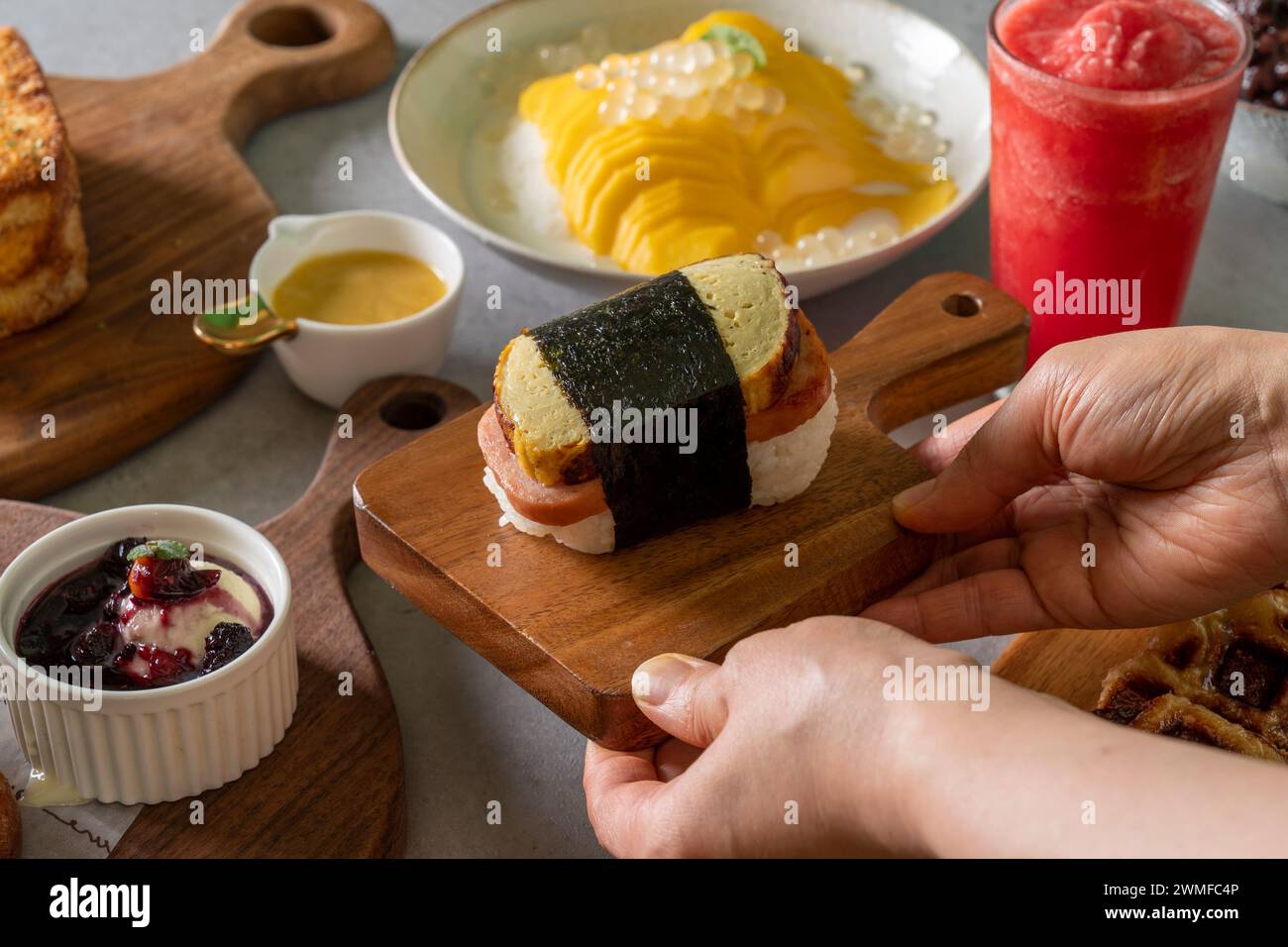 Korean food dish meal patbingsu, adzuki-bean ice dessert Spam Musubi ...